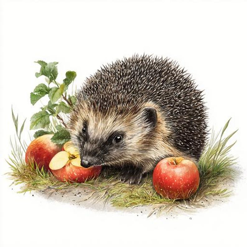 7 Hedgehog Clipart Eating Apples, Watercolor Printable, Card Making ...