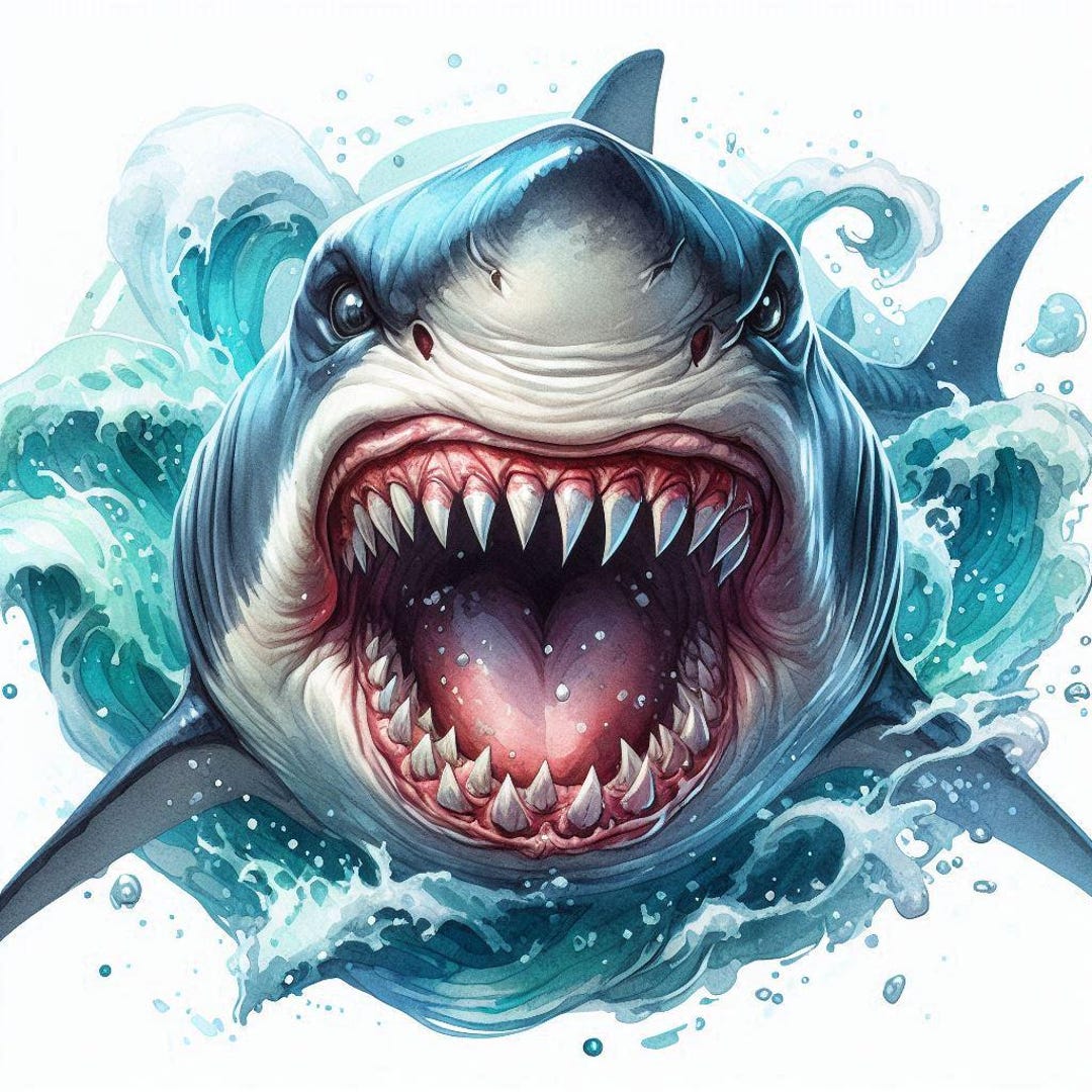 4 Angry Shark Clipart, Watercolor Printable, Digital Download, Jpgs ...