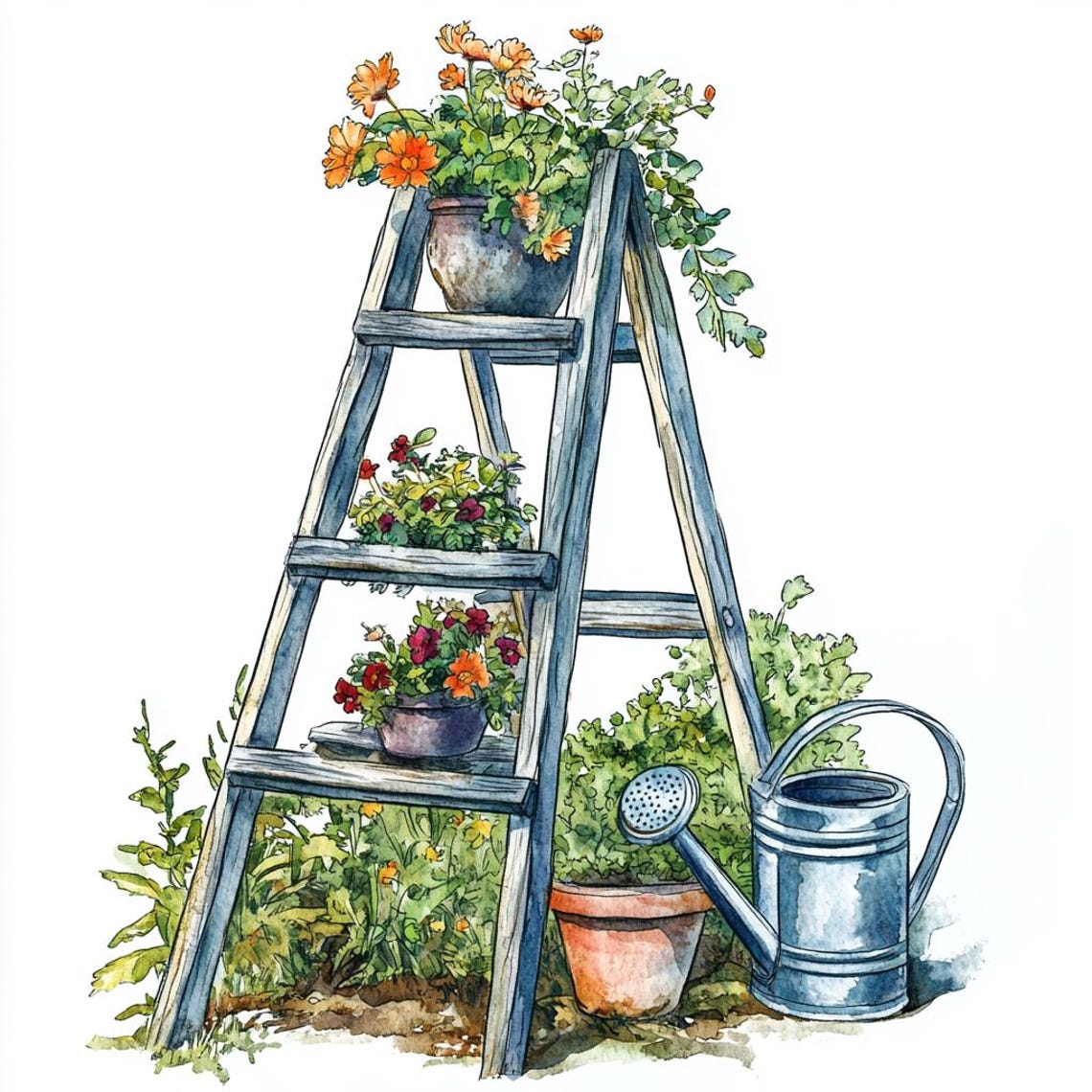 8 Floral Wooden Step Ladder With Roses Flowers Watercolor Printable ...