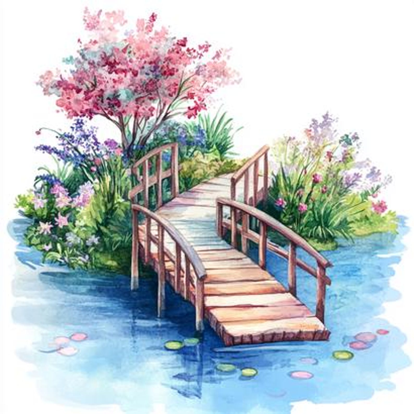 8 Wooden Footbridge Clipart on River Lake Digital Download Watercolor ...