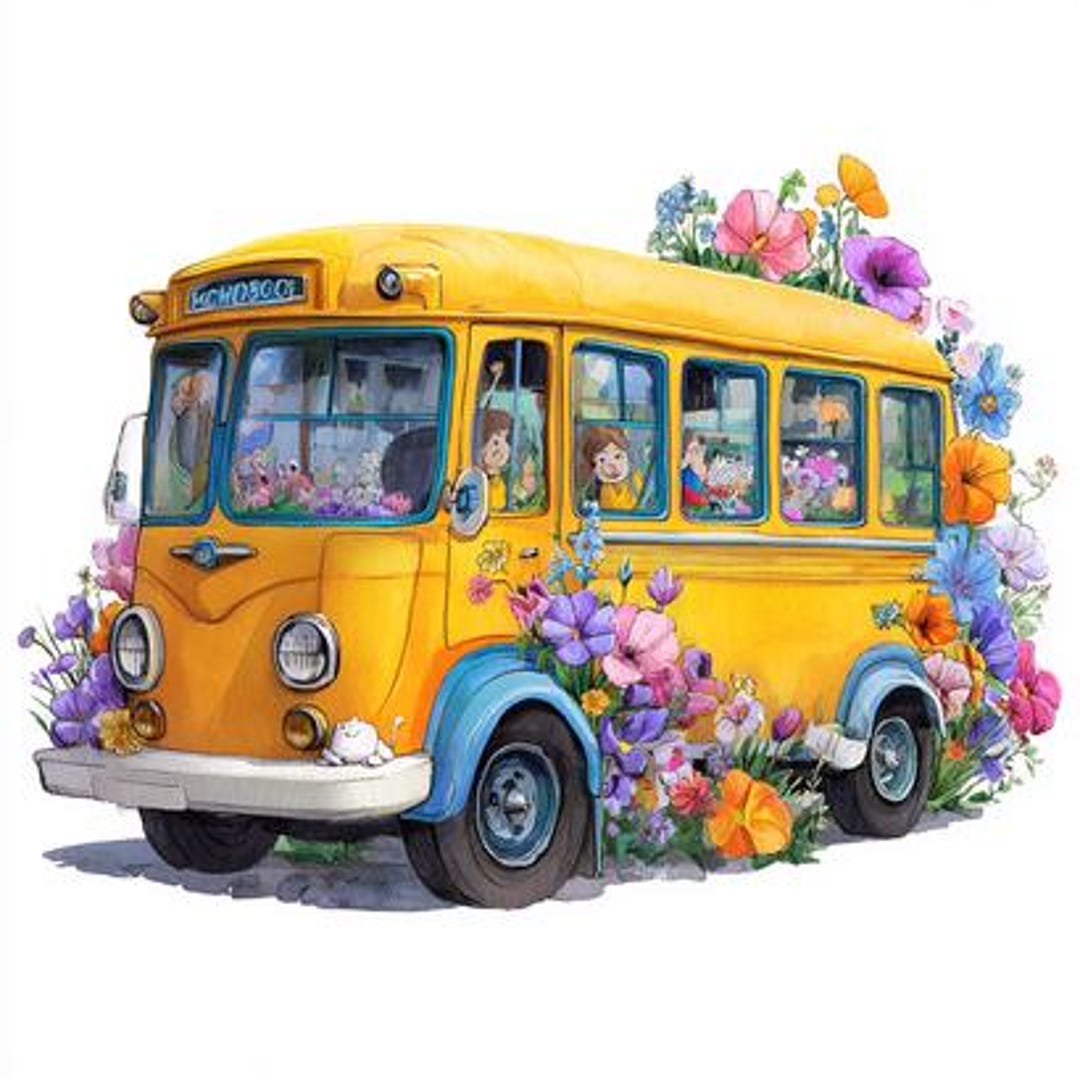 8 Happy School Bus PNG Clipart Floral Yellow School Bus With Kids ...