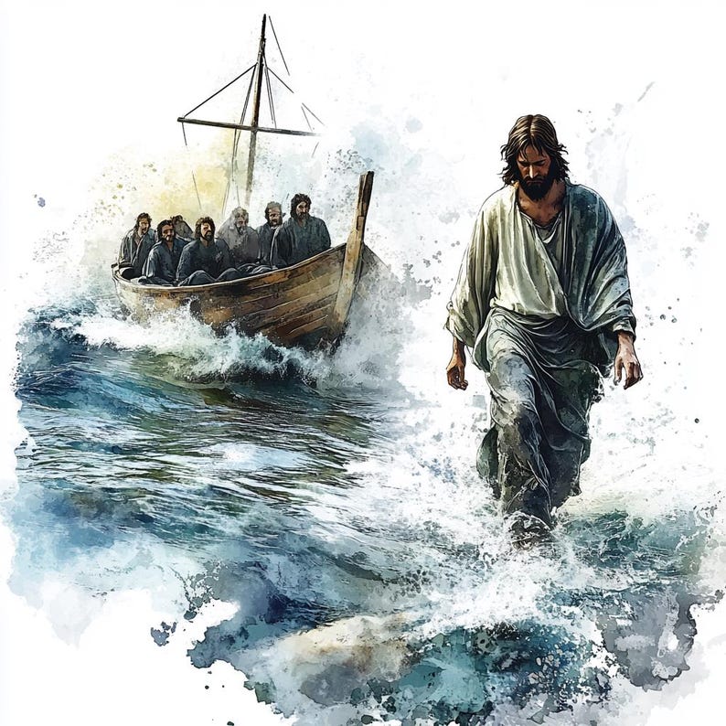8 Jesus Walking on Water Clipart Printable Watercolor Jesus at Sea ...