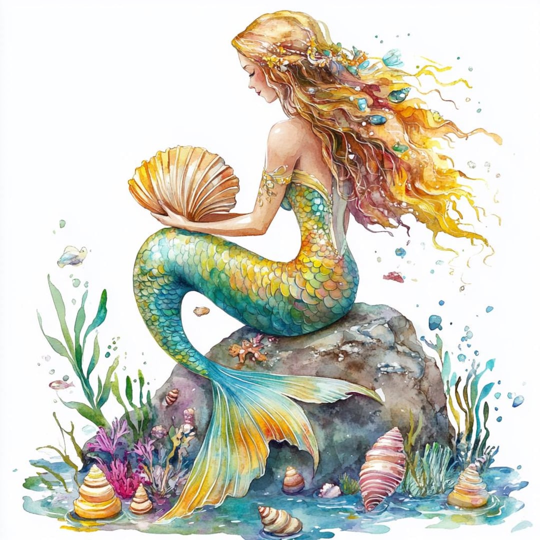 8 Mermaid Clipart Golden Emerald Mermaid Printable Watercolor Clipart ...