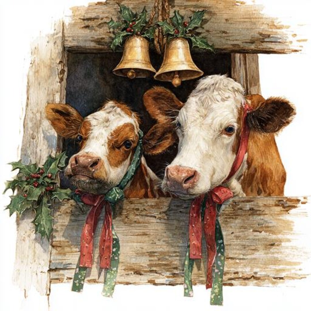 8 Christmas Cow Clipart, Winter Farm Animals Watercolor Printable, Digital Download, High ...