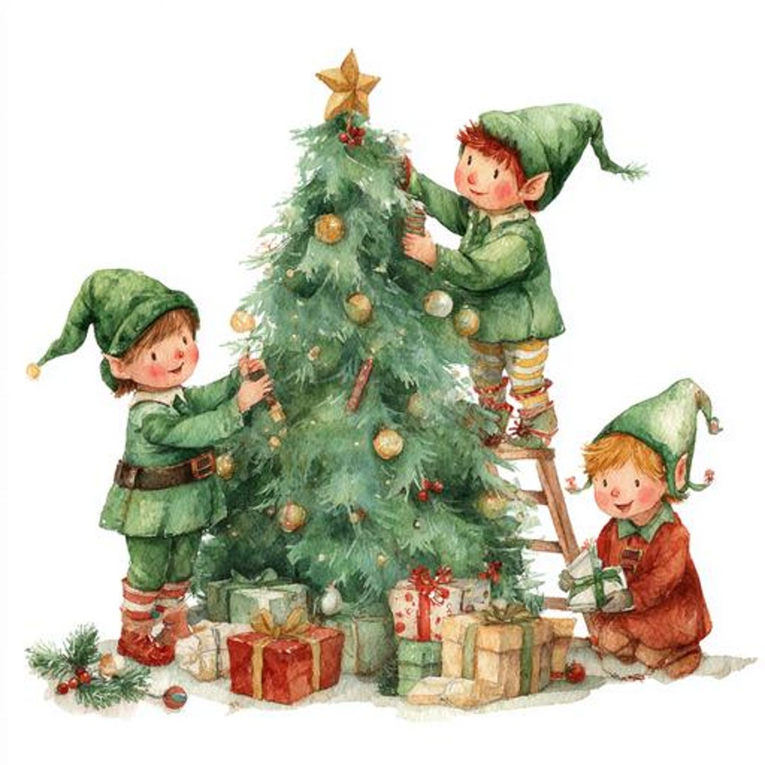 8 Christmas Elves Decorating Tree Clipart, Cute Holiday Scene PNG ...