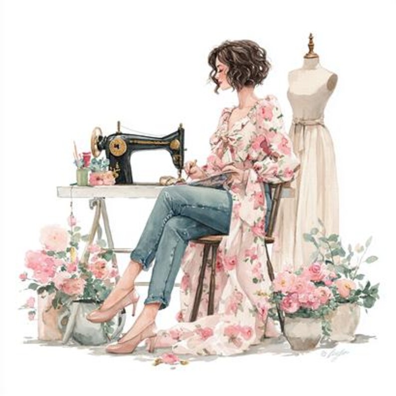 8 Young Woman Sewing Seamstress Clipart Watercolor Printable High ...