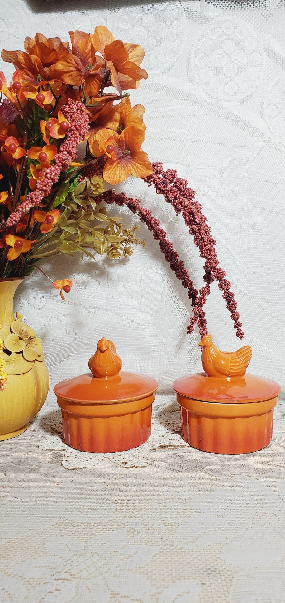 Burnt Orange Ceramic Bowls, Lidded Oven Dishes, Hen Lid Set of 2, Swiss ...