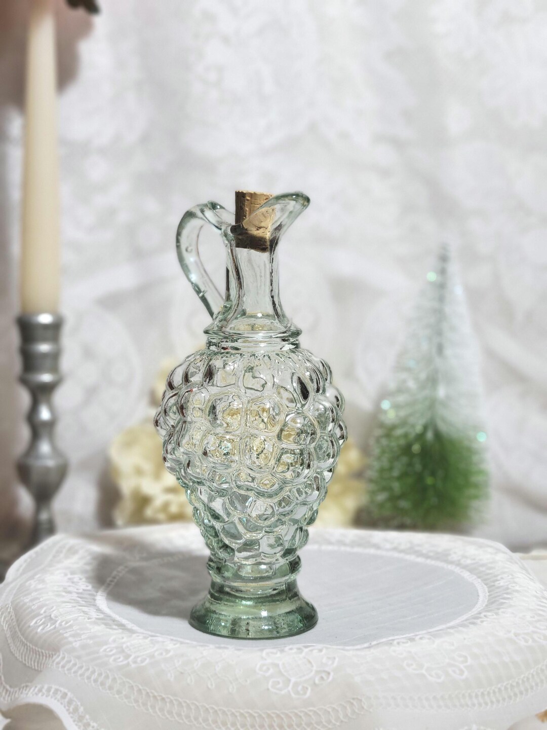 Green Glass Vinegar Dispenser, Vintage Vinegar Corked Jar Grape Cluster ...