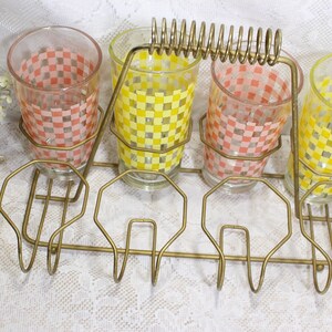 Water Glasses With Brass Caddy, Firna Yellow and Peach Checkers Cups ...