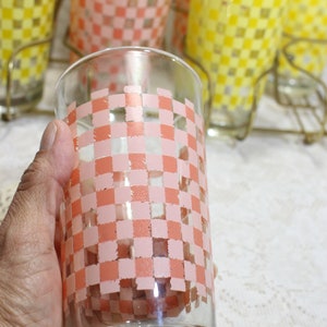 Water Glasses With Brass Caddy, Firna Yellow and Peach Checkers Cups ...