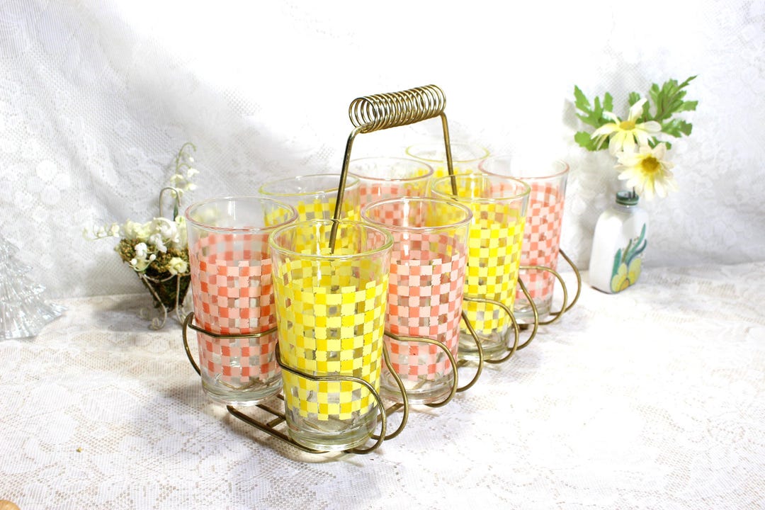Water Glasses With Brass Caddy, Firna Yellow and Peach Checkers Cups ...