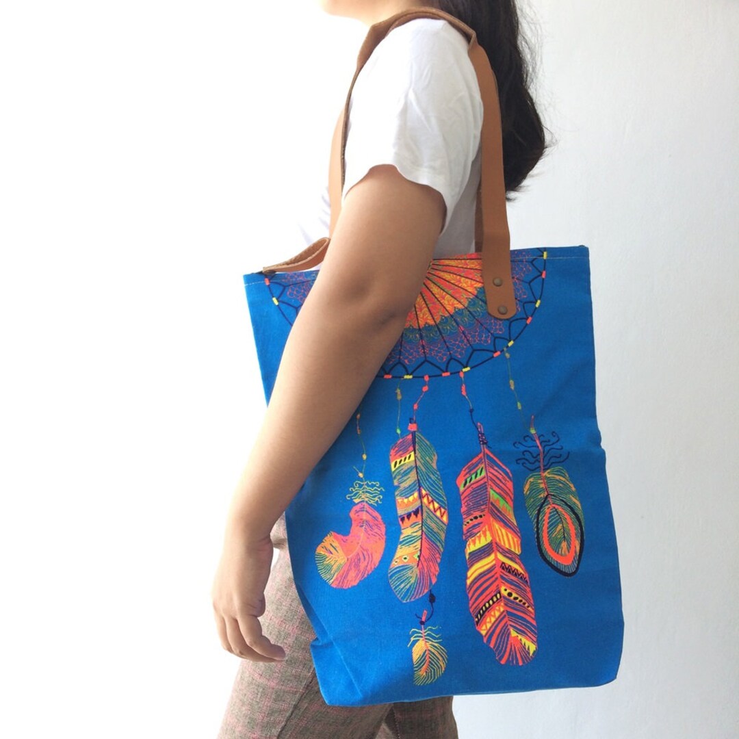 Stmas Fluorescent Feather Blue, Teacher Gifts Canvas Tote Bag, Top Hand ...