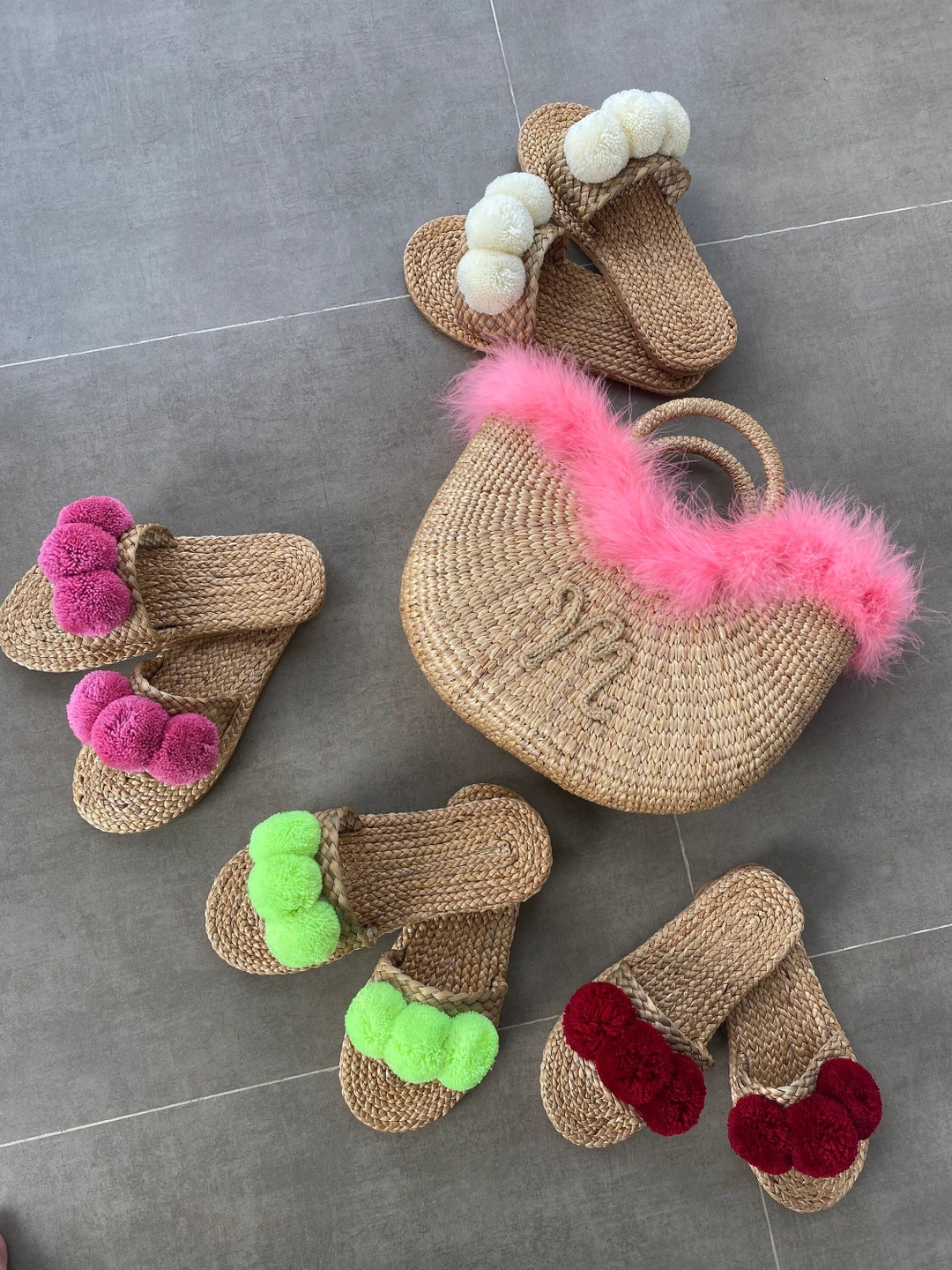 BOHP Pom Pom Sandals, Woven Water Hyacinth Slides, Beach Wedding Shoes ...