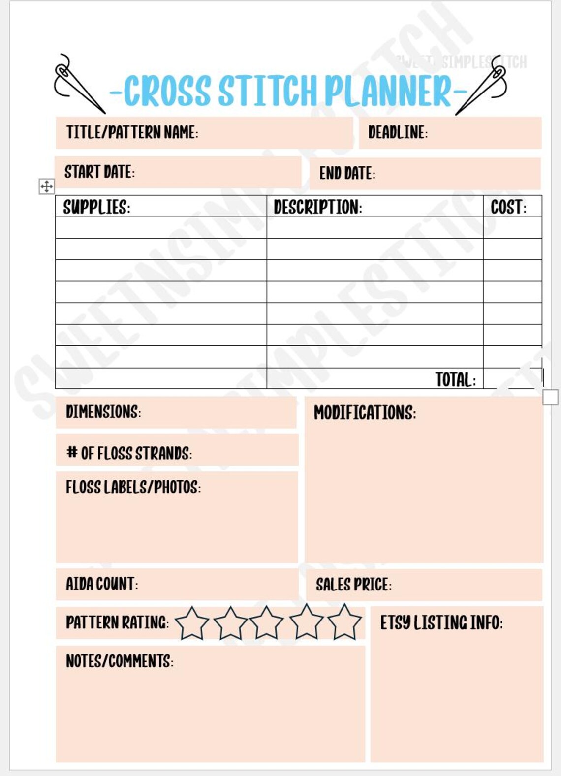 A5 Paper Cross Stitch Project Planner Template, Cross Stitch Journal ...