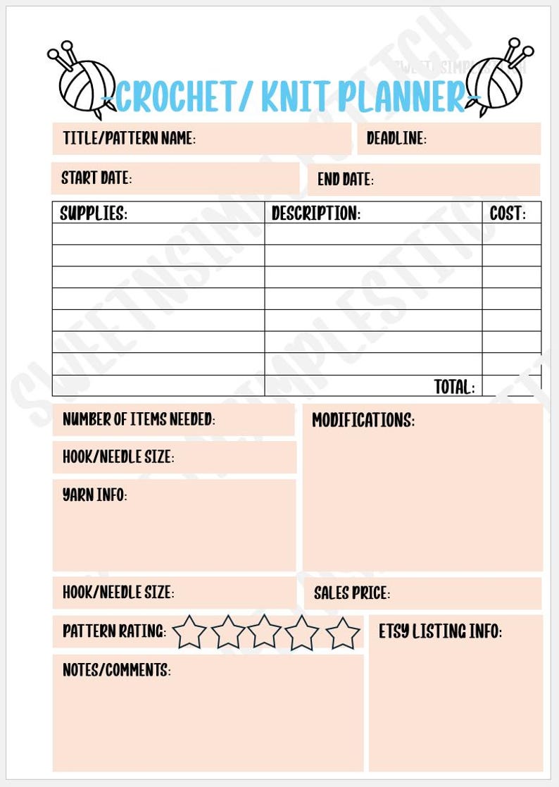 A5 Paper Crochet/knit Project Planner Template, Crochet/knit Journal ...