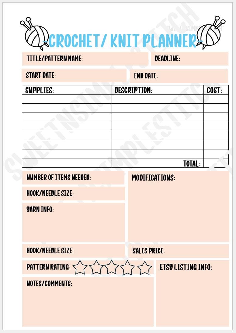 A5 Paper Crochet/knit Project Planner Template, Crochet/knit Journal ...