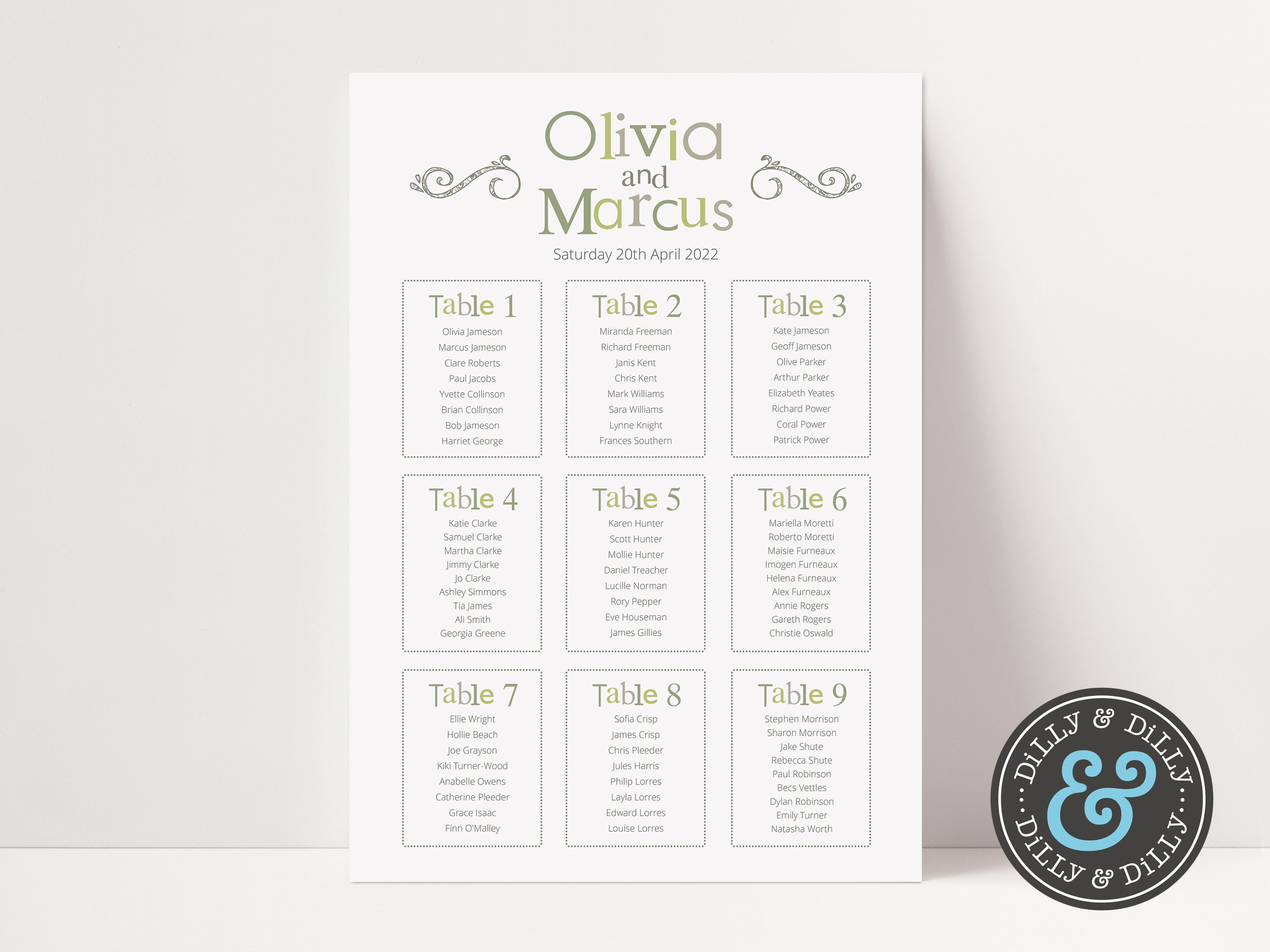 Printable Table Plan, Personalised Table Plan, Green Wedding, Seating ...