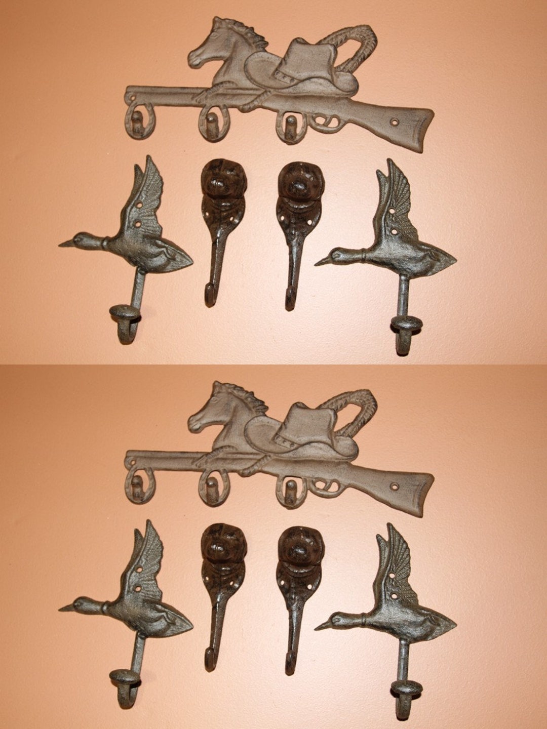 10 Duck Hunter Wall Hooks Deluxe Set, Rustic Cast Iron Duck Retriever ...