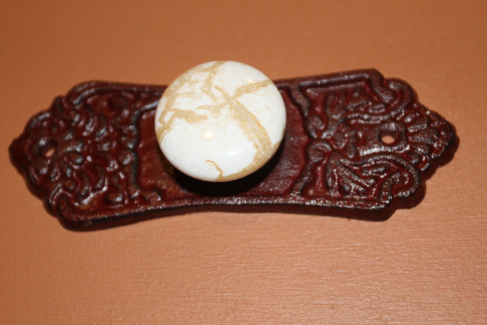 Antique Look Ceramic Knob on a Cast Iron Backplate Marbled | Etsy