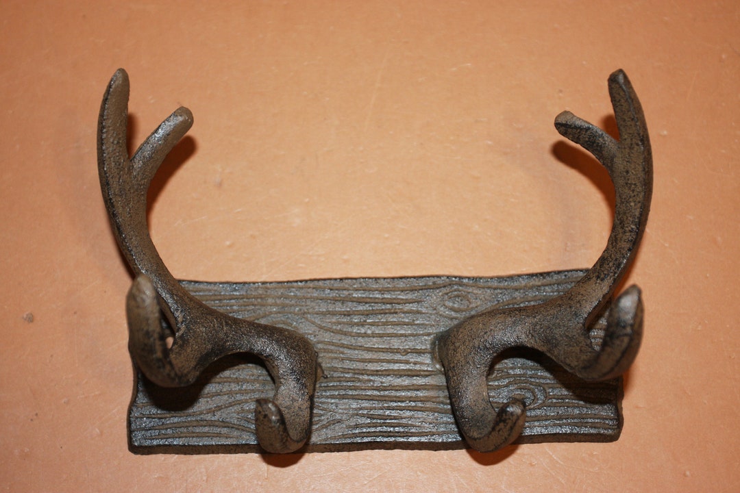 2) Deer Fever Coat Hat Wall Hook Rack, Cast Iron Antler Rack Deer Head ...