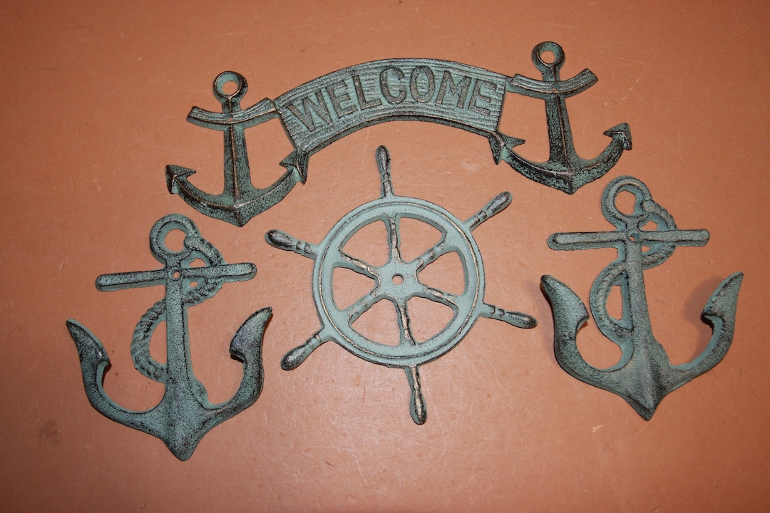 4) Nautical Welcome Sign Anchor Wall Hooks Ships Wheel Plaque Set, Cast ...