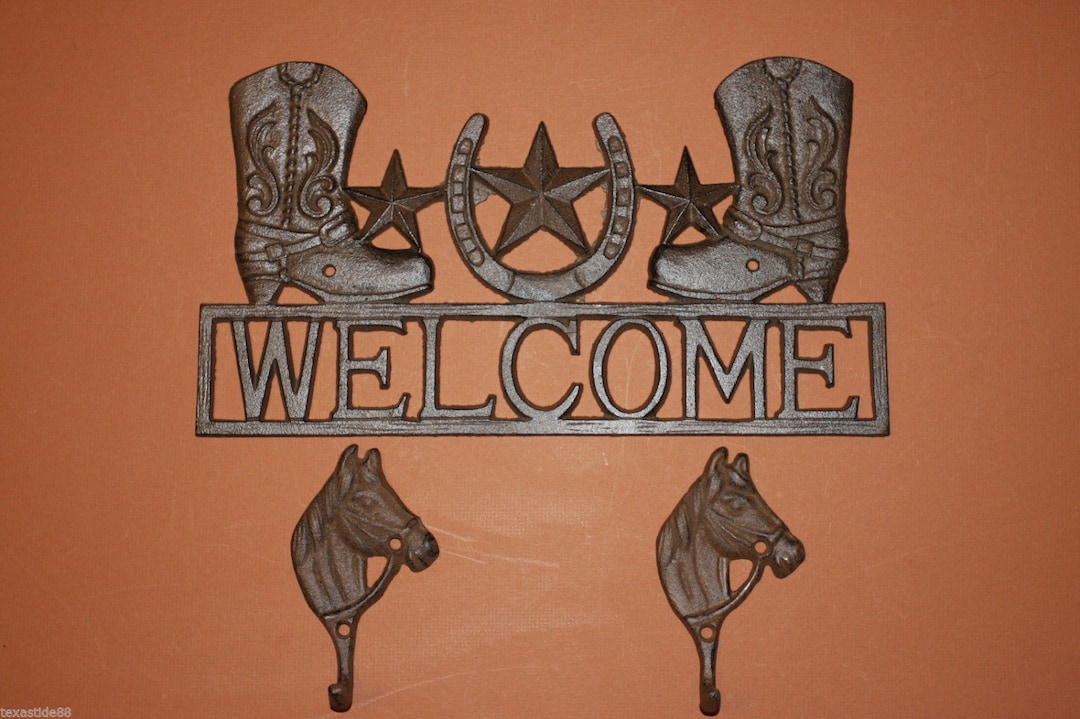 3, Cowboy Boots Welcome Sign, Horsehead, Wall Hooks, Bathroom Decor ...
