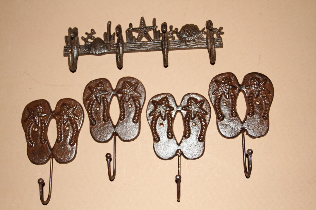 5) Tiki Bar Wall Hooks Set Flip Flops Starfish Seahorse Cast Iron, H ...