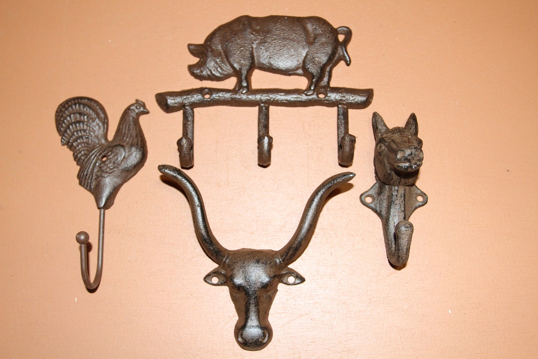 Rustic Farmhouse Cast Iron Wall Hooks - Barnyard Collection - 4 Items ...