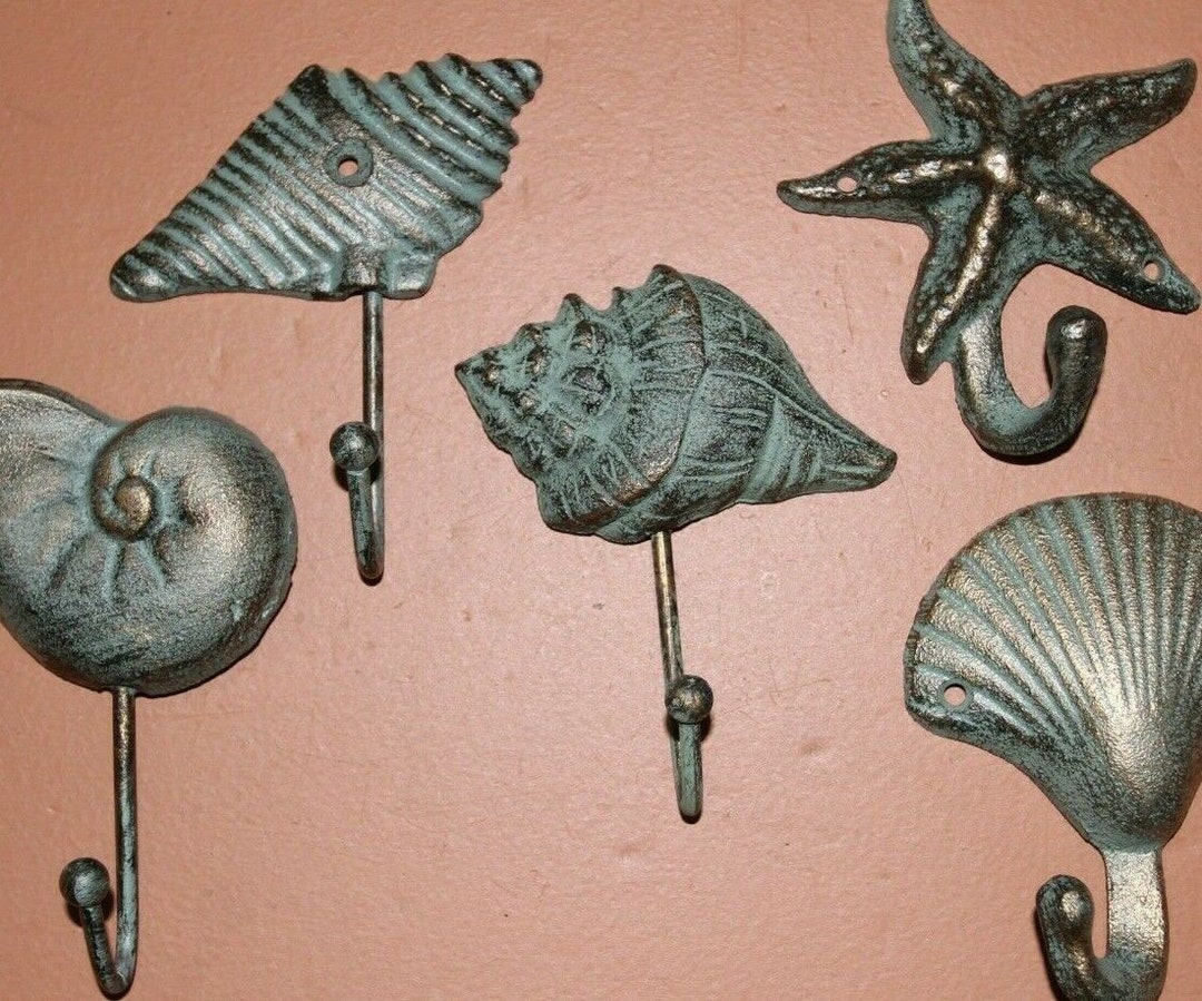 Beachcomber Seashell Wall Hooks Set, Bronze Look Cast Iron, Beach Five ...