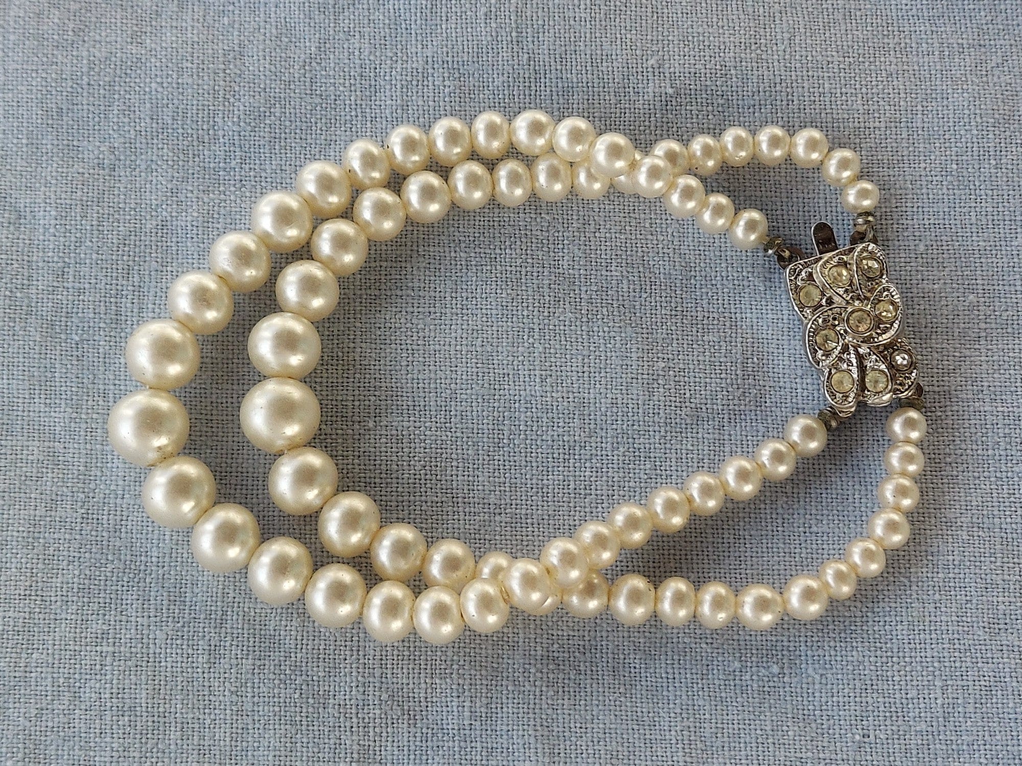 1940s Faux Pearl Double Strand Bracelet With White Metal and Paste ...