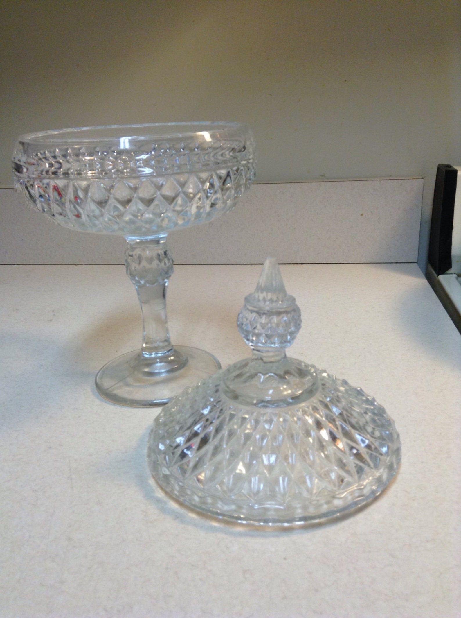 Crystal Clear EAPG Glass 2 Piece Candy Dish Scalloped Designs Intricate ...