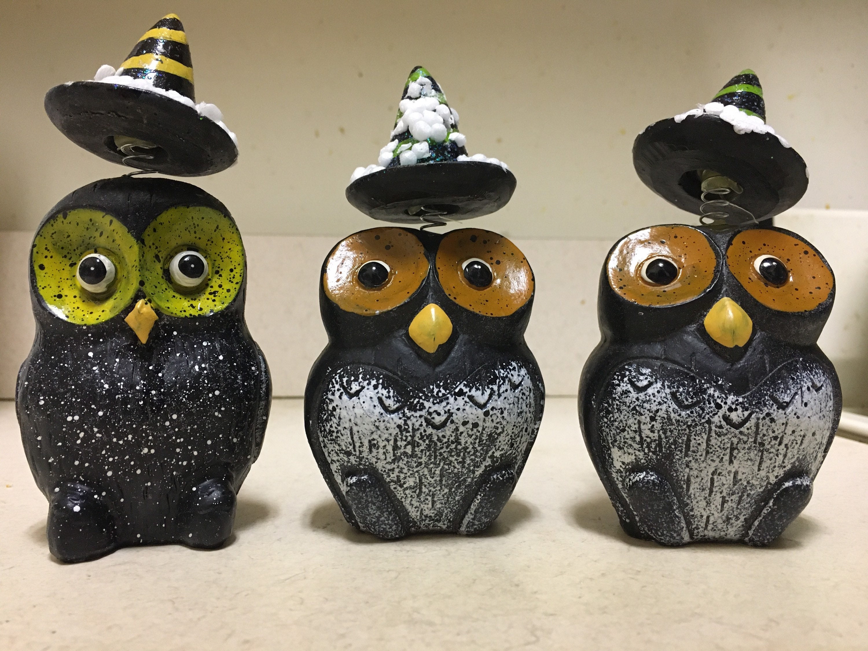Owl Bobble Head Figurines With Bright- Colored Eyes and Wearing Witch ...