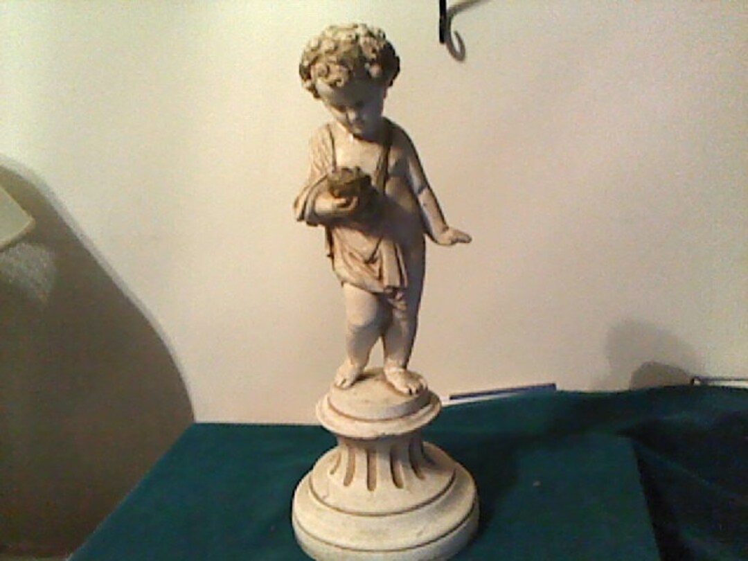 Marwal Chalkware Garden Statue Distressed Boy Pedestal Figurine / Patio ...