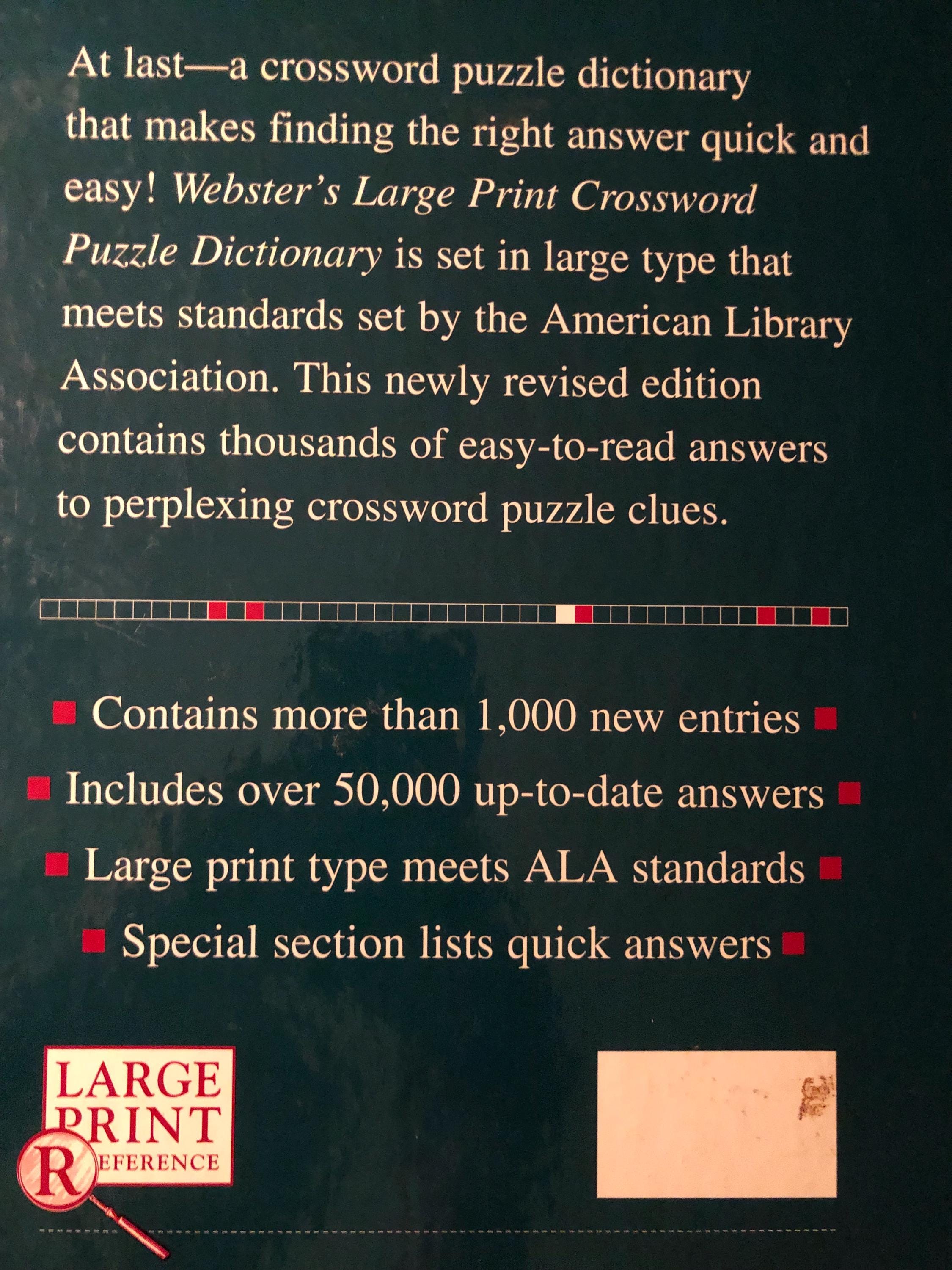 Crossword Puzzle Dictionary Large Print Webster’s Quick Reference of ...