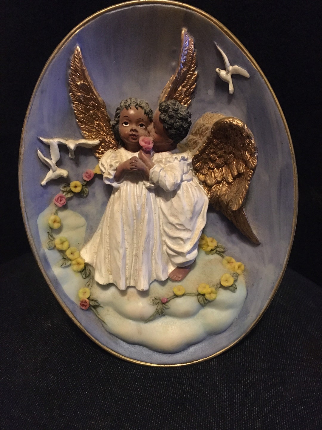 African American Raised Figurine Wall-hanging Art Winged Cherubs Oval ...