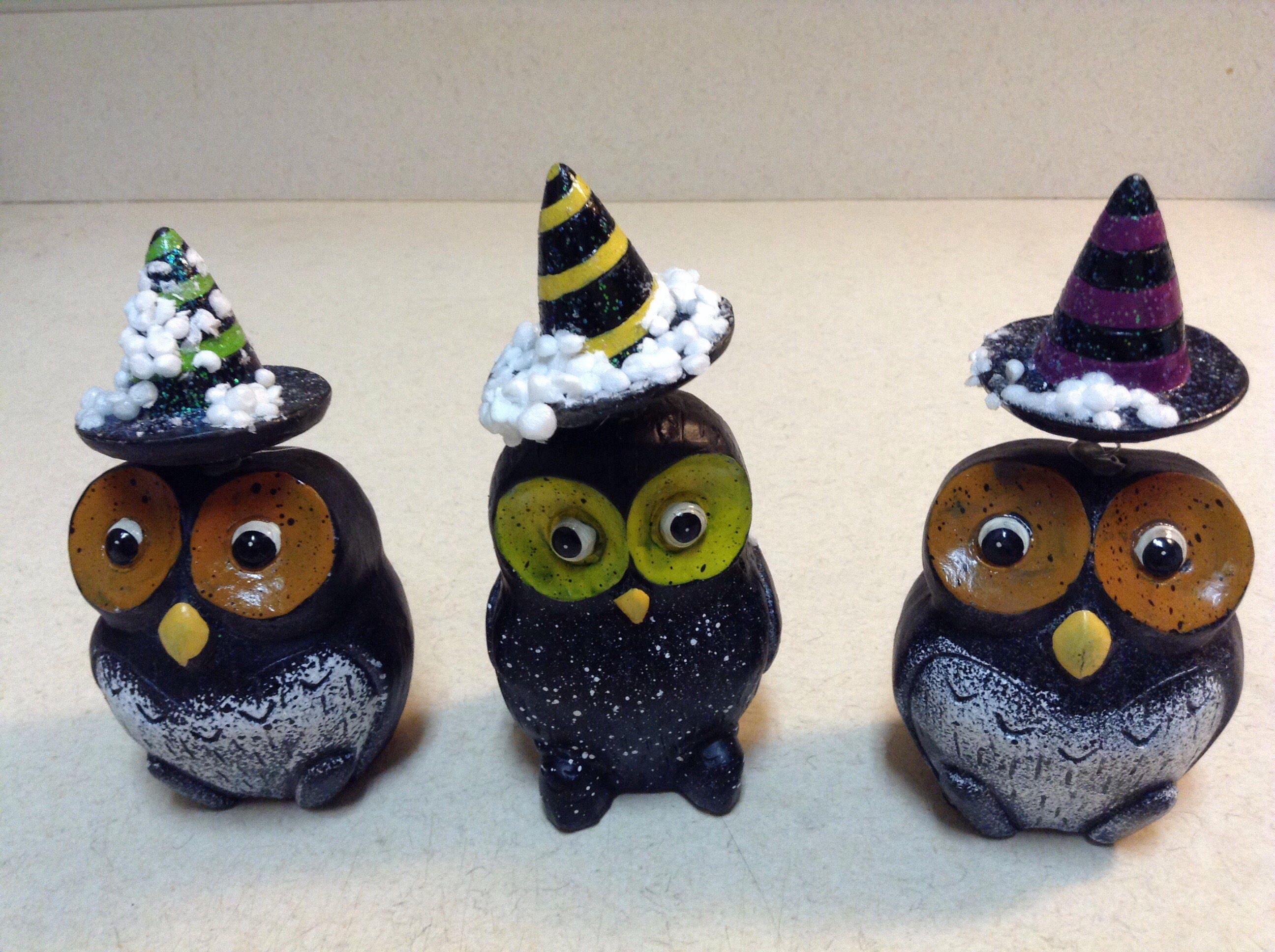 Owl Bobble Head Figurines With Bright- Colored Eyes and Wearing Witch ...
