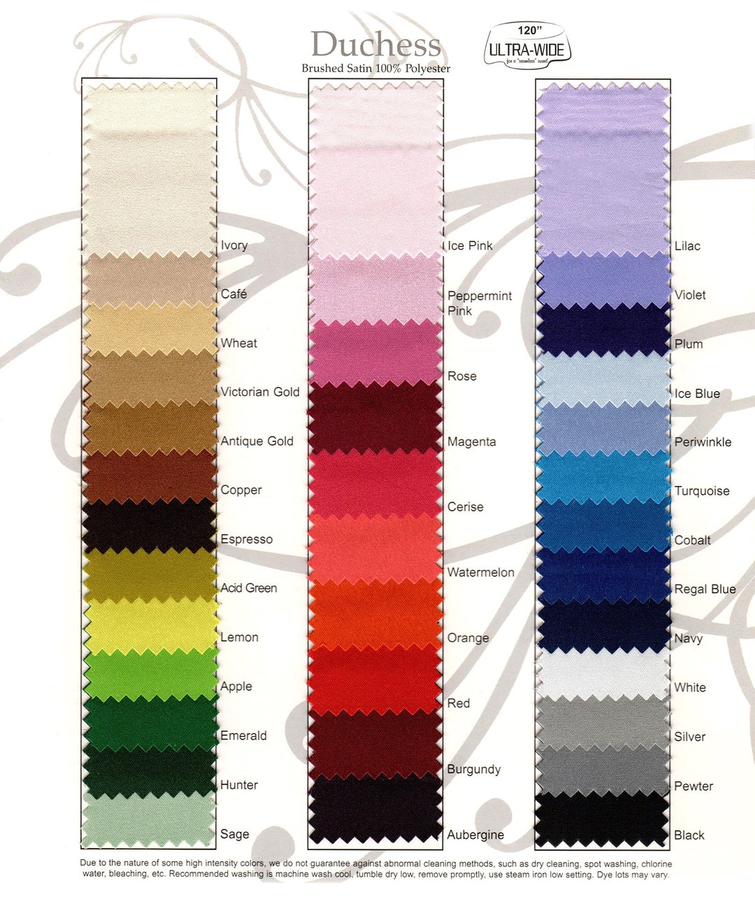 Matte Lamour Satin Tablecloth Fabric Swatch Card With Swatch of All 36 ...
