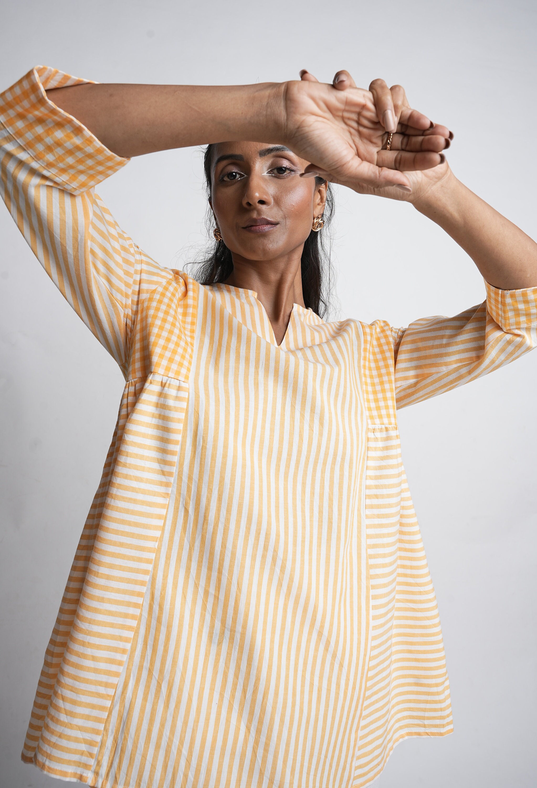 Women's Cotton Tunic Top L Yellow Check and Stripe Blouse With Heart ...