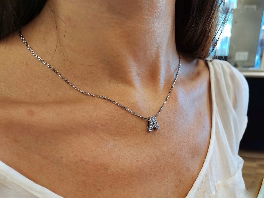 Stainless Steel Initial Necklace: Clear Rhinestones, Personalized ...