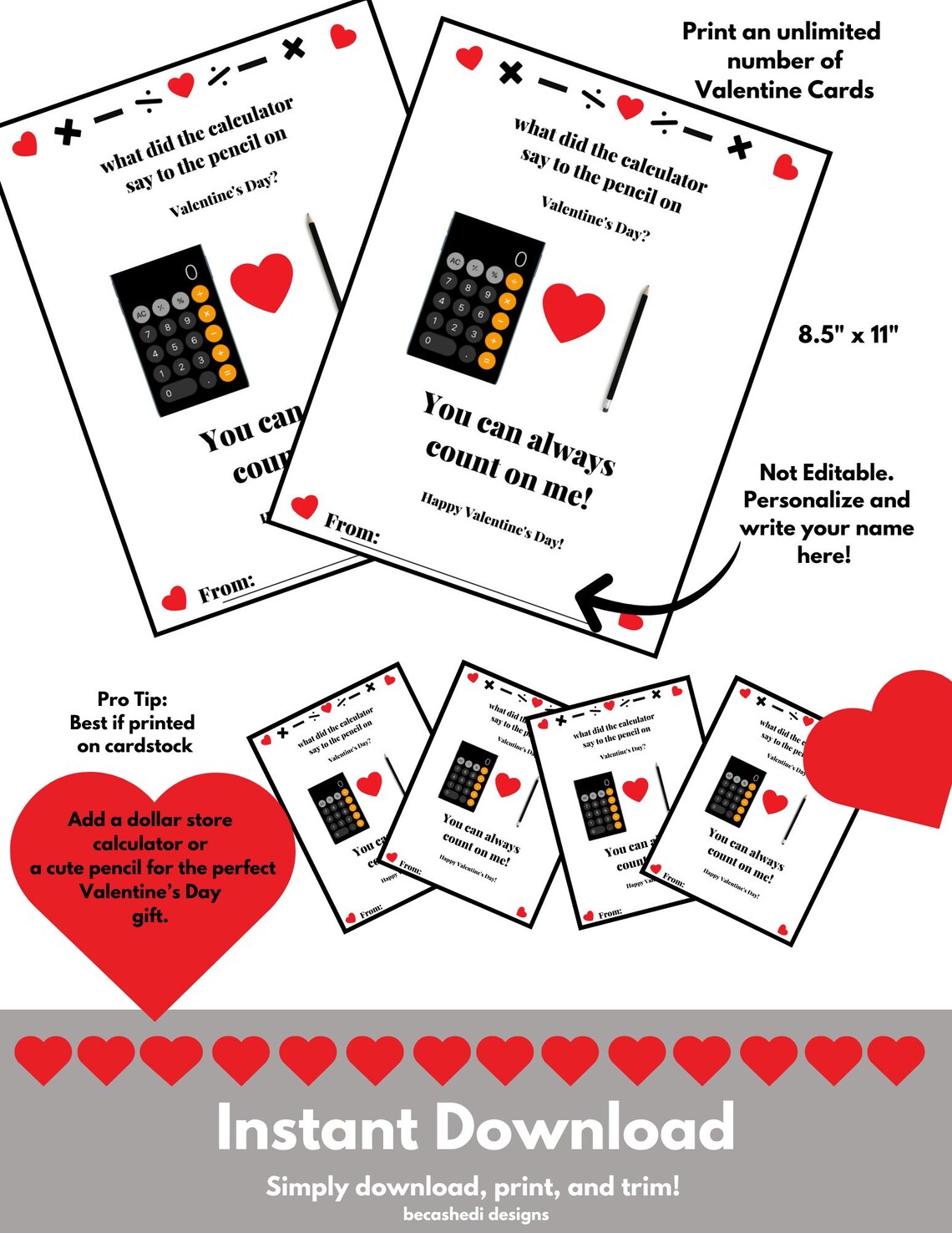 Printable Math Valentine's Day Cards, Kids Calculator Valentine Tags ...