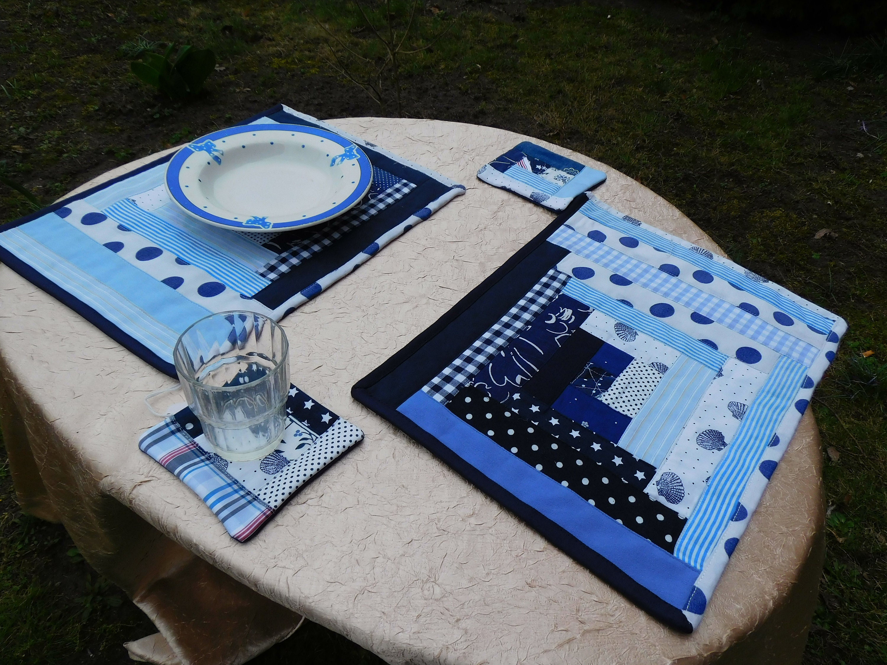 Placemat Cotton , Handmade Place Mat Patchwork Fabric Blue White ...