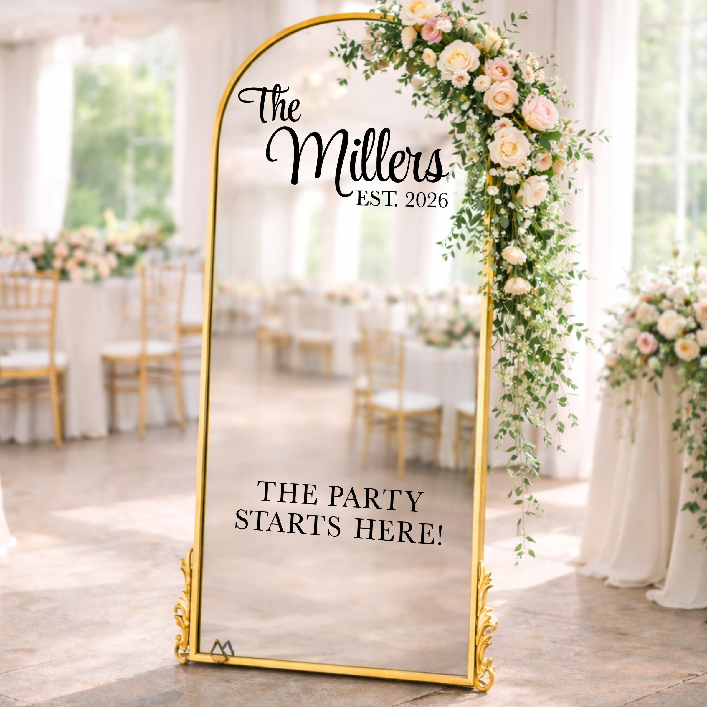 Personalized Wedding Mirror Decal, Welcome Sign the Party Starts Here ...
