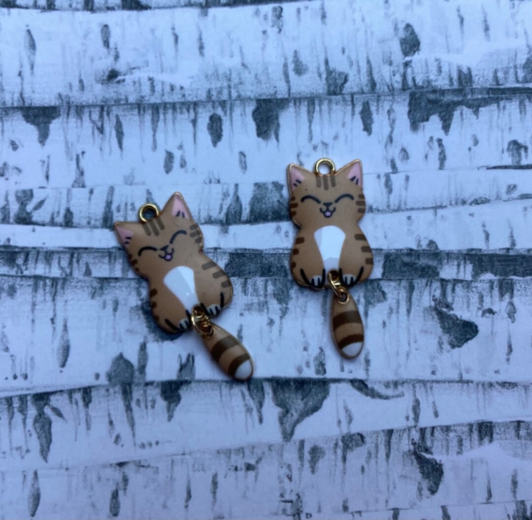 Cat Charms With Swinging Tails - Set of 2 - Enameled Metal Charms - Etsy