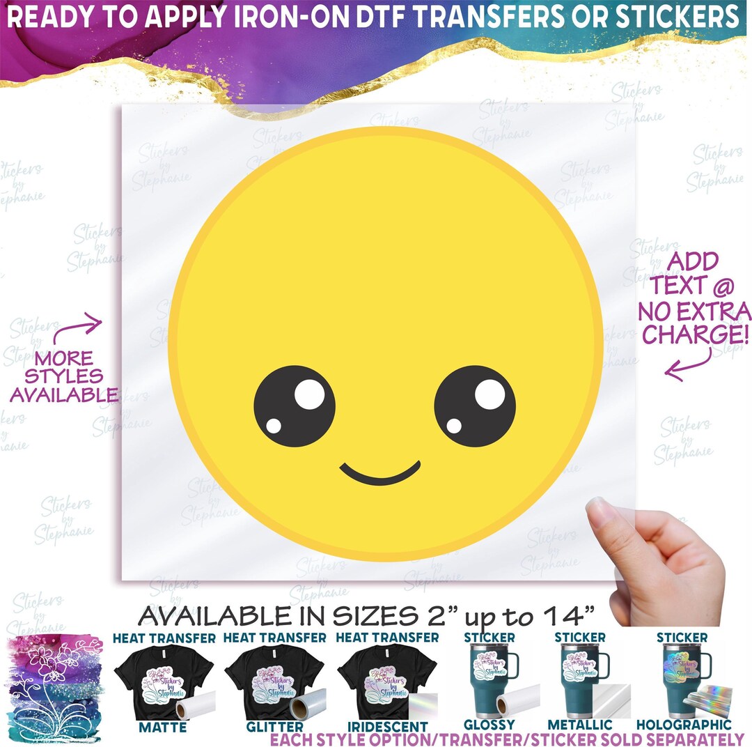 S283-2 Smiley Face Emoji Set of 4 or Single Image Matte Vinyl DTF Iron on Heat Press Applied T ...