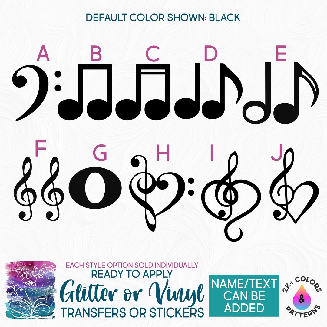 Item s017-1 Glitter or Vinyl Iron On Transfer or Sticker Music Musical ...