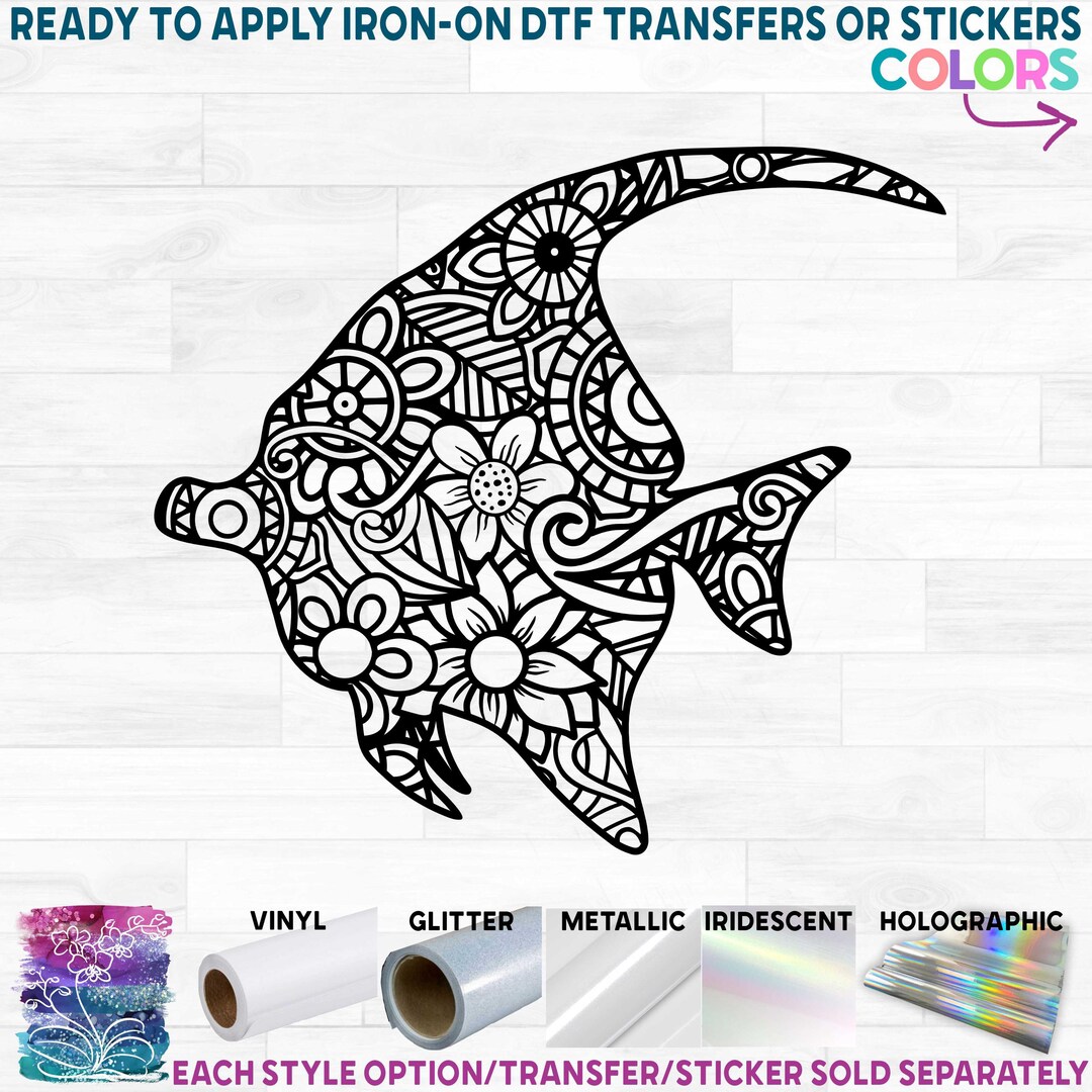 S011-1q4 Angel Fish Zentangle 250+ Colors Matte Vinyl DTF Heat Applied ...