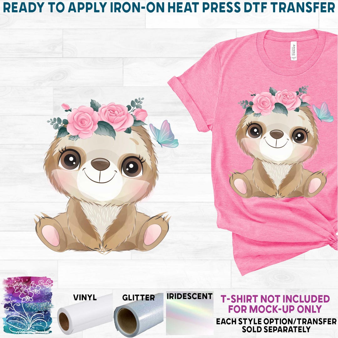 S361 Cute Baby Sloth Pink Roses Flowers Watercolor Vinyl, Glitter or ...