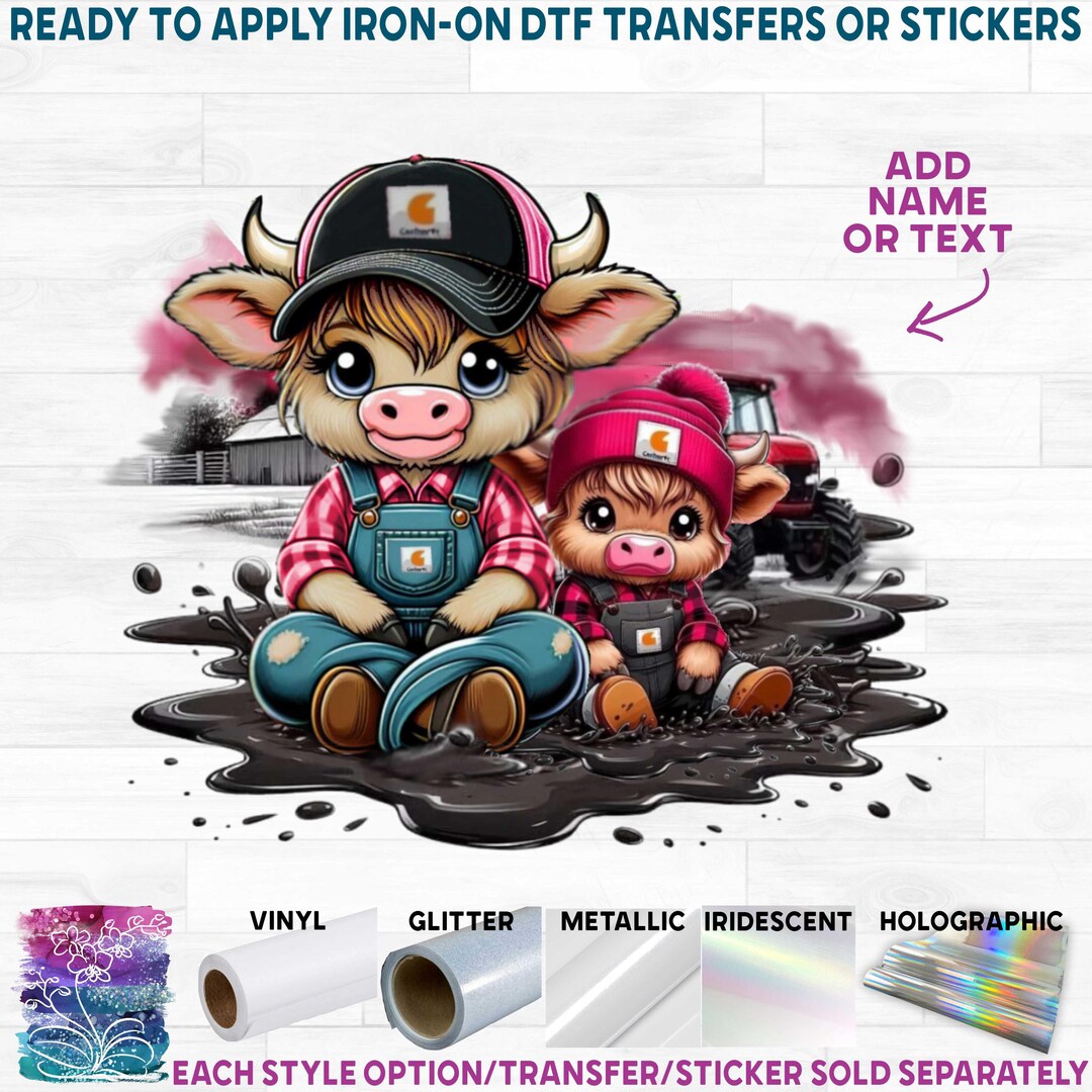 E083-3-h2 Farm Girl Cute Baby Cow Mom and Daughter Matte Vinyl DTF Heat ...