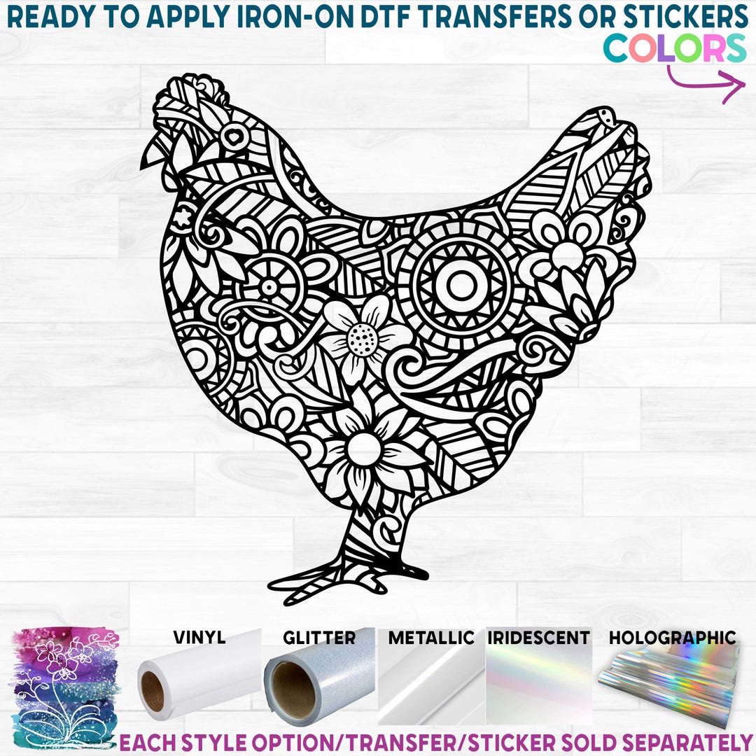 S011-1d Hen Chicken Zentangle Vinyl, Glitter or Holographic Sticker or ...