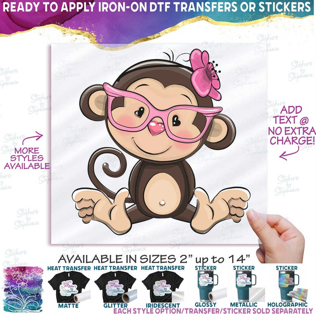 S133-15 Cute Baby Girl Monkey Set of 4 or Single Image Matte Vinyl DTF ...